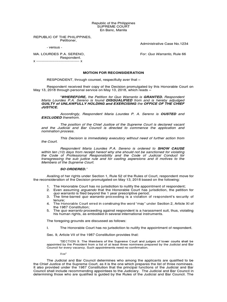 Motion For Reconsideration | PDF | Impeachment | Public Sphere