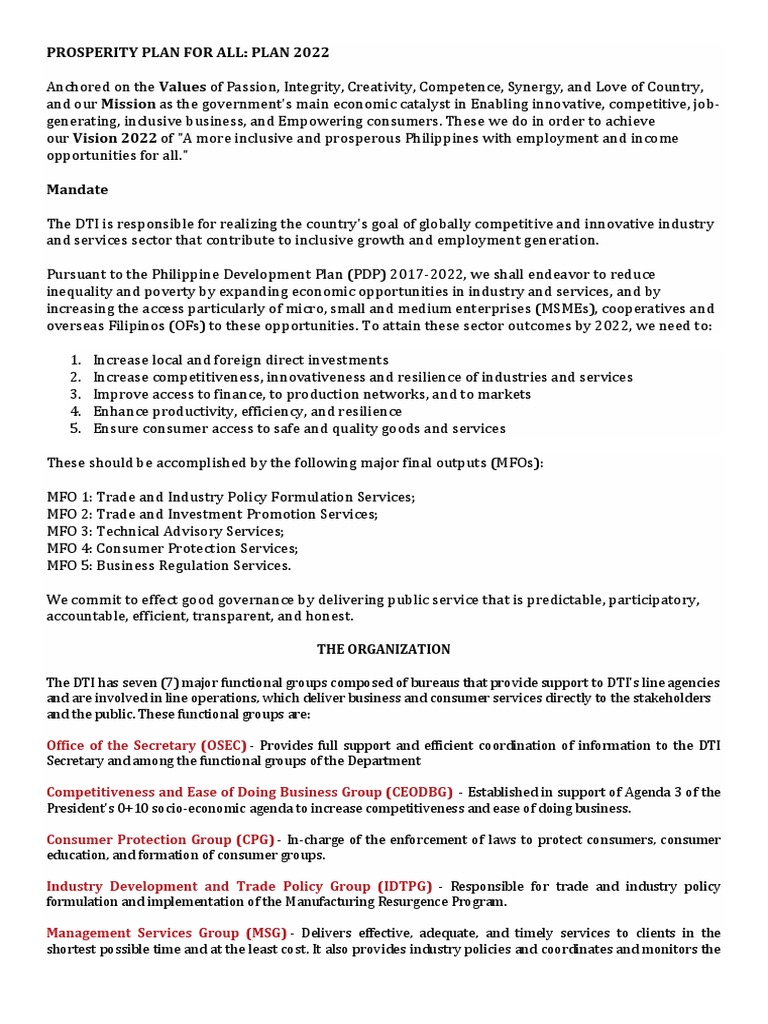 Prosperity Plan For All: Plan 2022: Office of The Secretary (OSEC ...