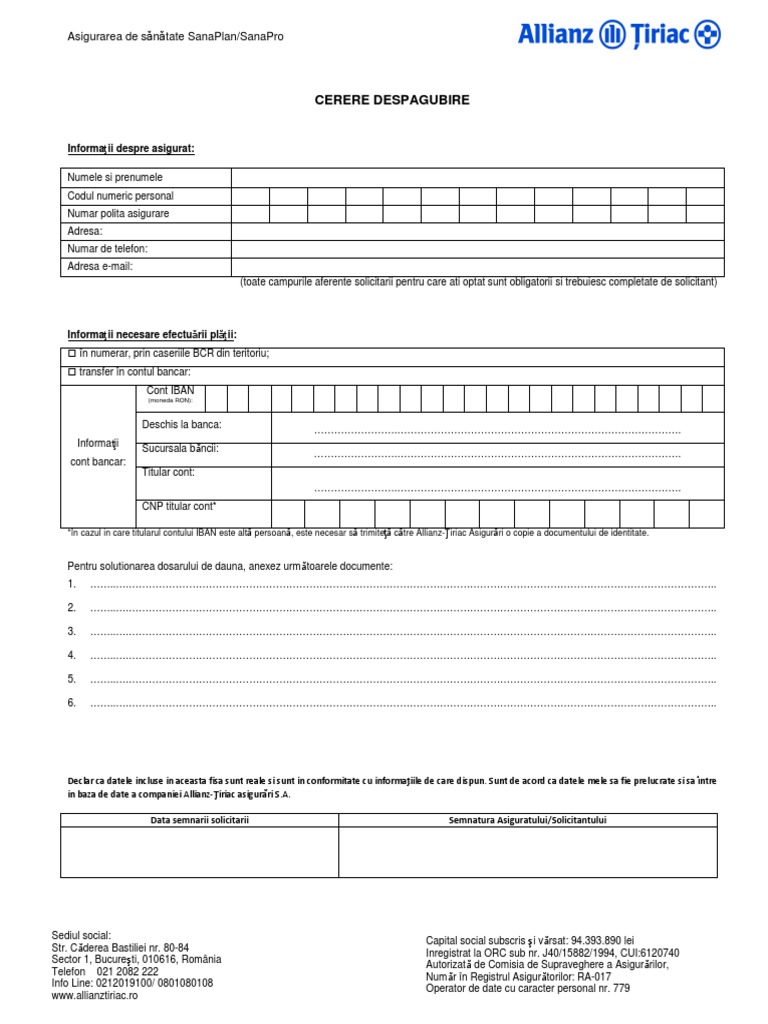 Allianz Tiriac Cerere despagubire