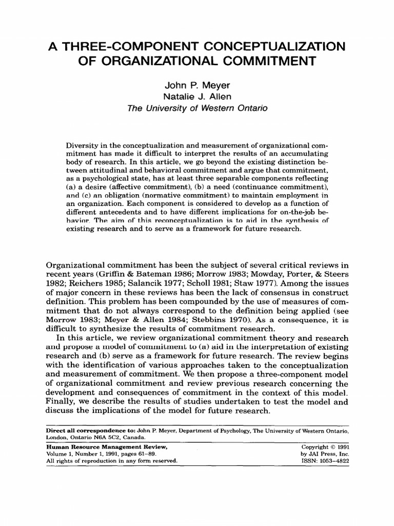 A Three-Component Conceptualization of Organizational Commitment | PDF ...