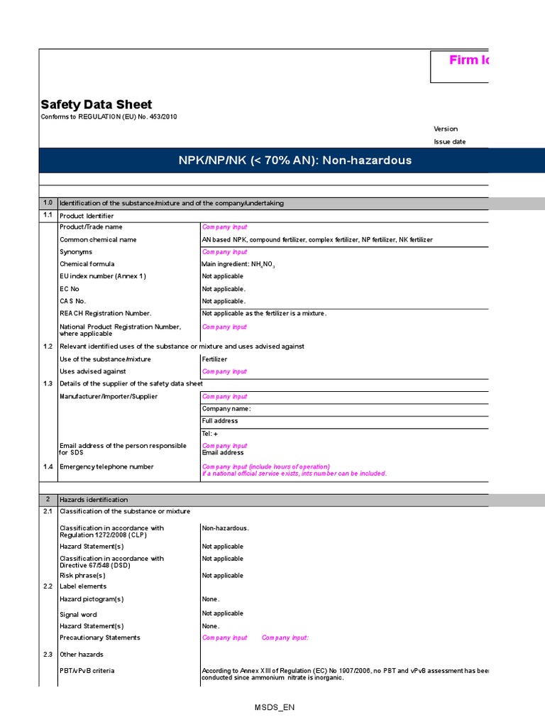 Safety Data Sheet: NPK/NP/NK ( 70% AN) : Non-Hazardous | PDF | Fires ...