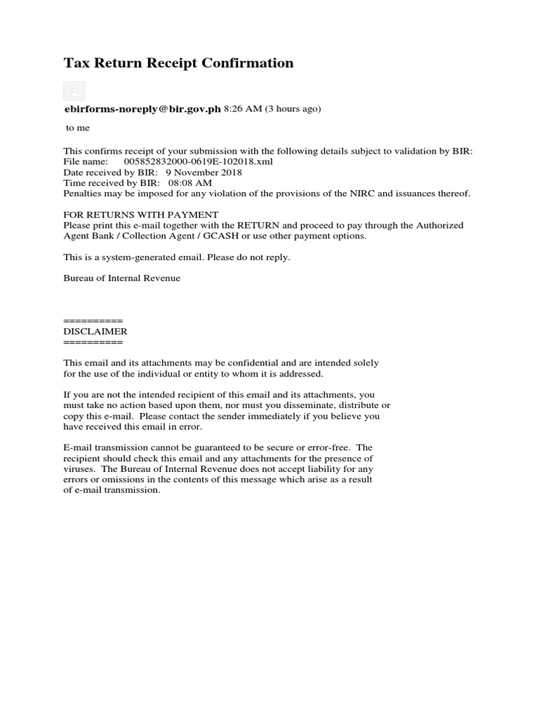 Tax Return Receipt Confirmation San Aguurstin S | PDF | Payments | Taxation