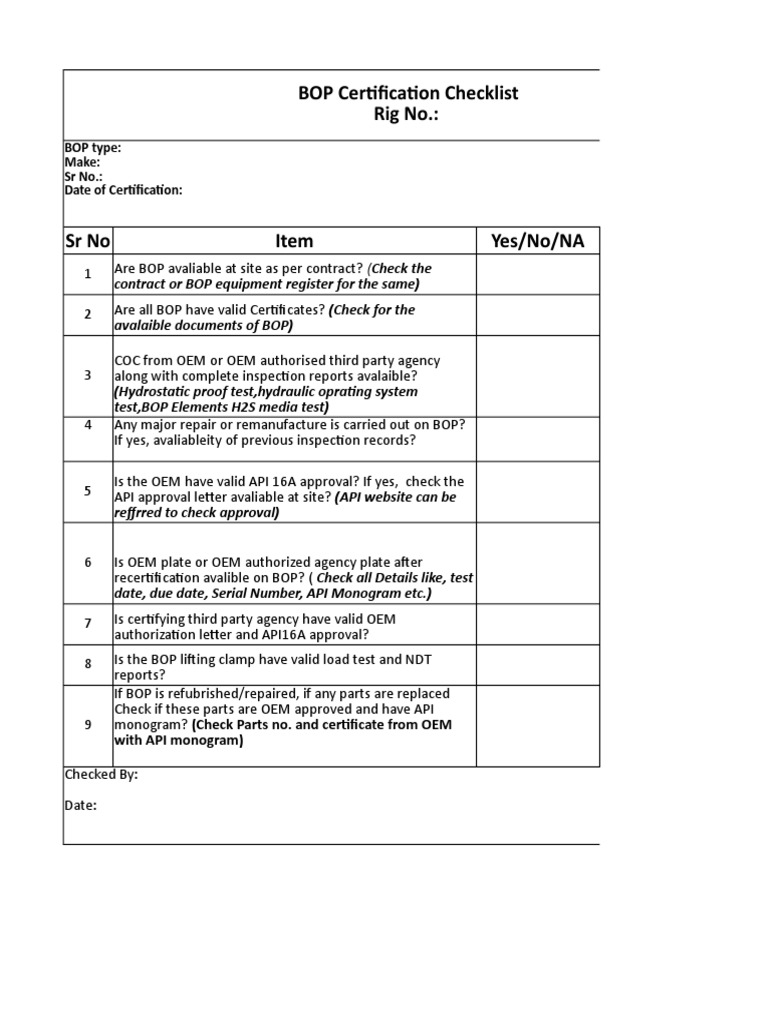 BOP Certification Checklist Rig No.:: Contract or BOP Equipment ...