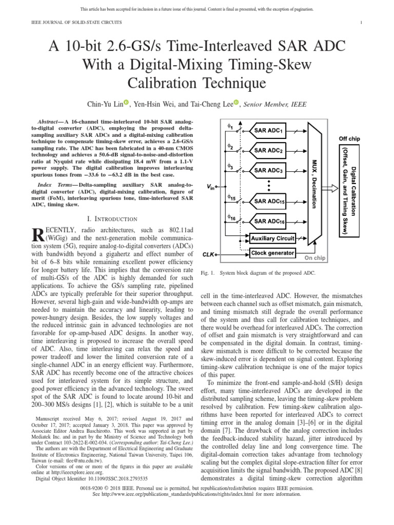 A 10-Bit 2.6-GSs Time-Interleaved SAR ADC With A Digital-Mixing Timing-Skew Calibration ...