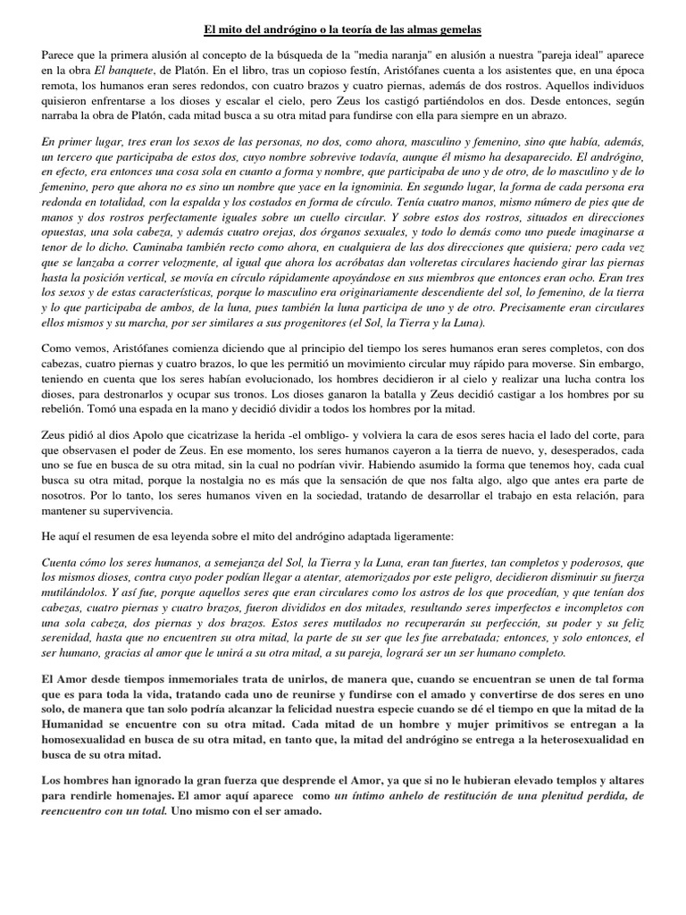 La leyenda del andrógino y el mito del alma gemela según Platón | PDF