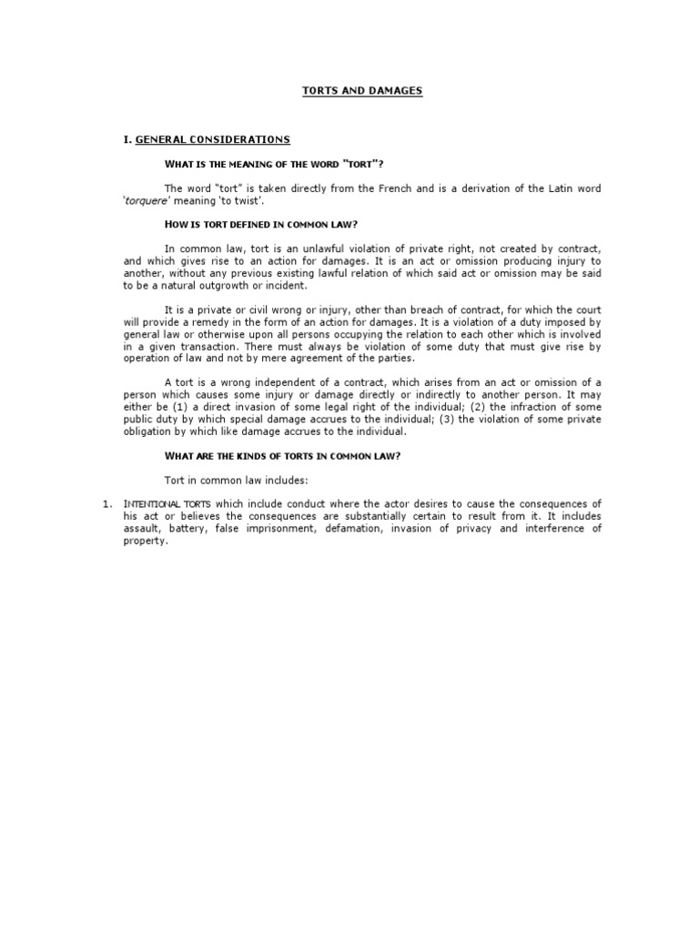 Torts and Damages: Hat Is The Meaning of The Word Tort | PDF | Law