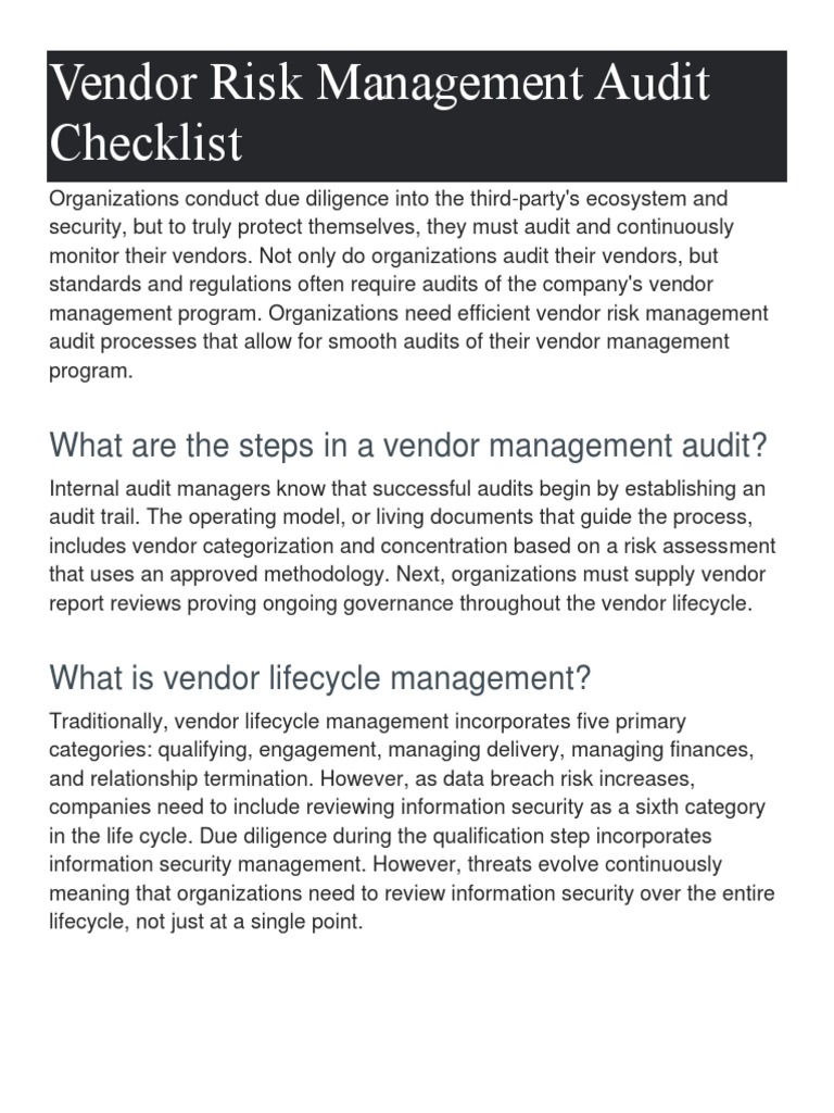 Vendor Risk Management Audit Checklist | PDF | Information Security | Audit