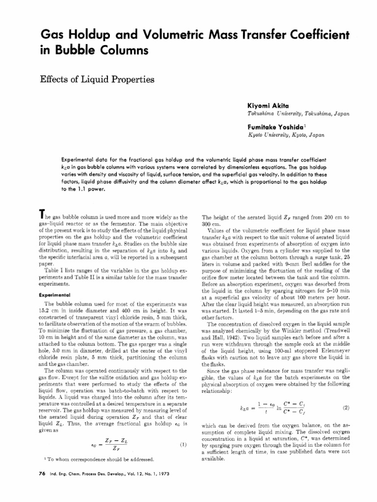 Gas Holdup and Volumetric Mass Transfer Coefficient | PDF | Gases | Liquids
