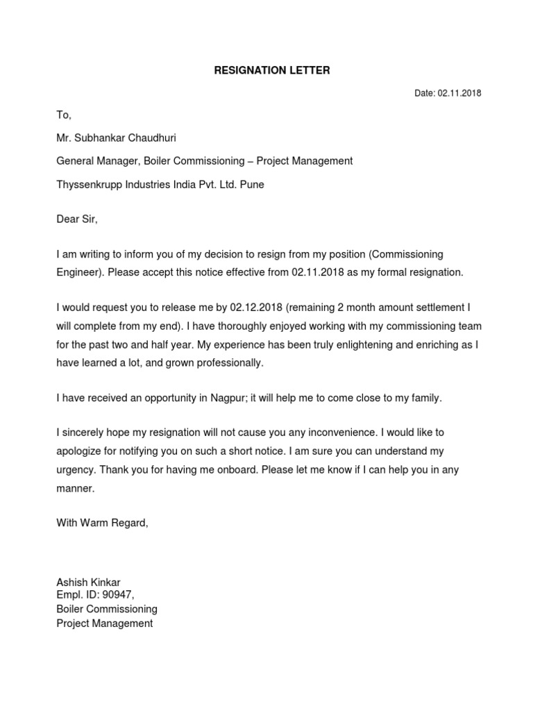 Resignation Letter Engineer Position | PDF