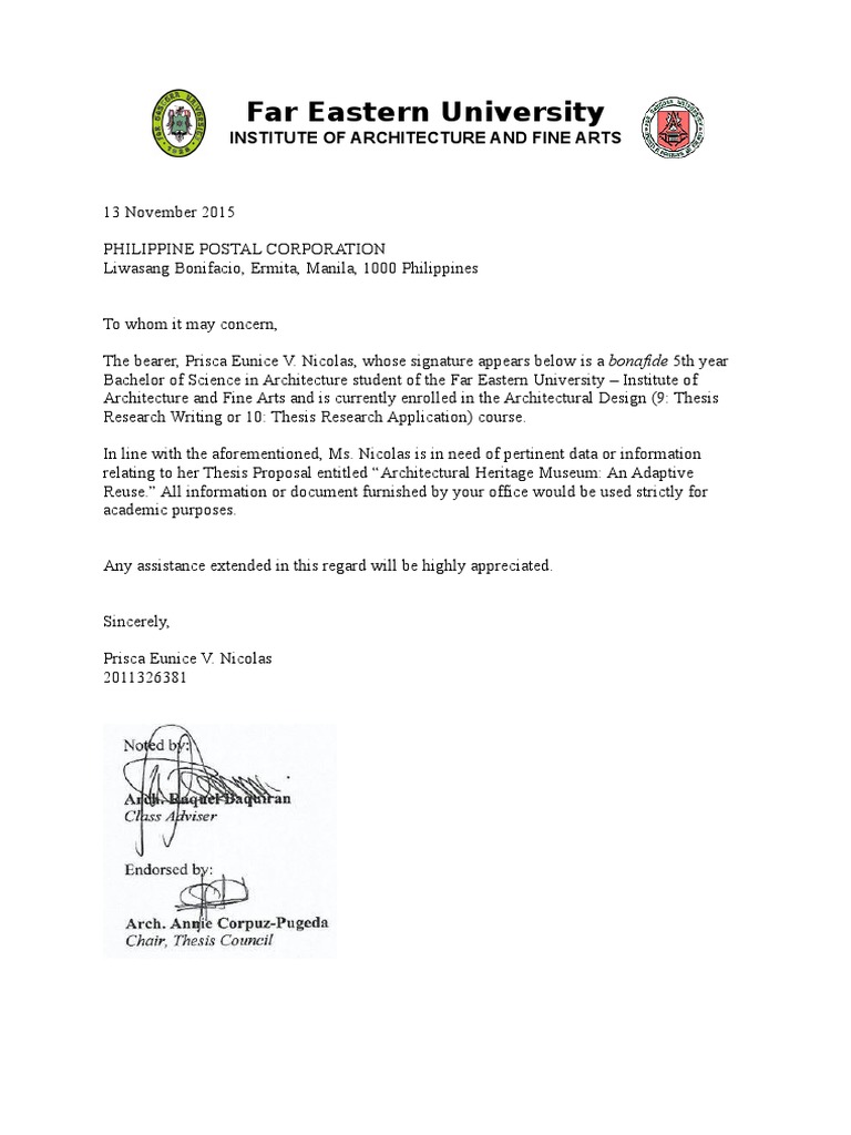 FEU Architecture Thesis Research Letter | PDF