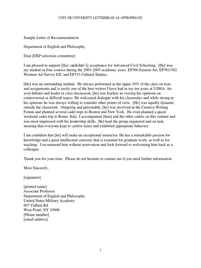 Sample LOR | PDF | United States Military Academy | Behavior Modification