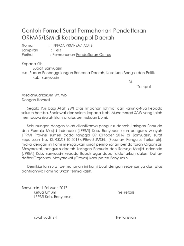 Surat Permohonan Pendaftaran ORMAS | PDF