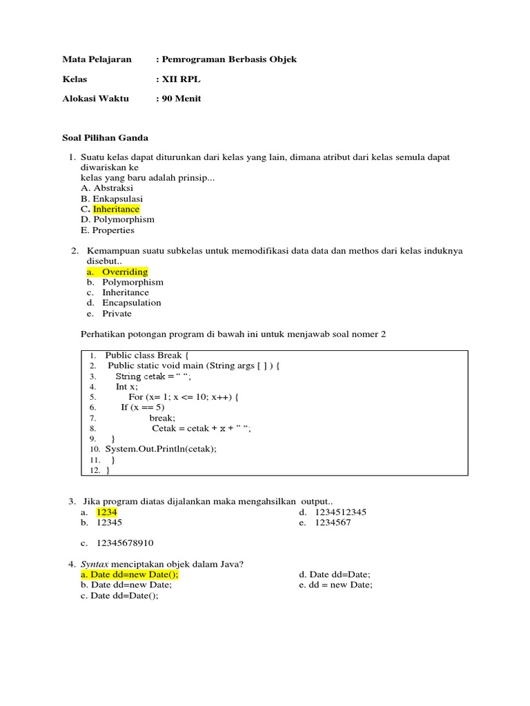 Soal Uas Pbo Kelas Xii RPL | PDF