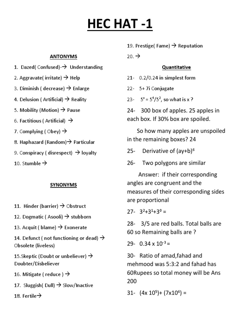 Hec Hat - 1: Antonyms Quantitative | PDF | Geometric Shapes | Triangle ...