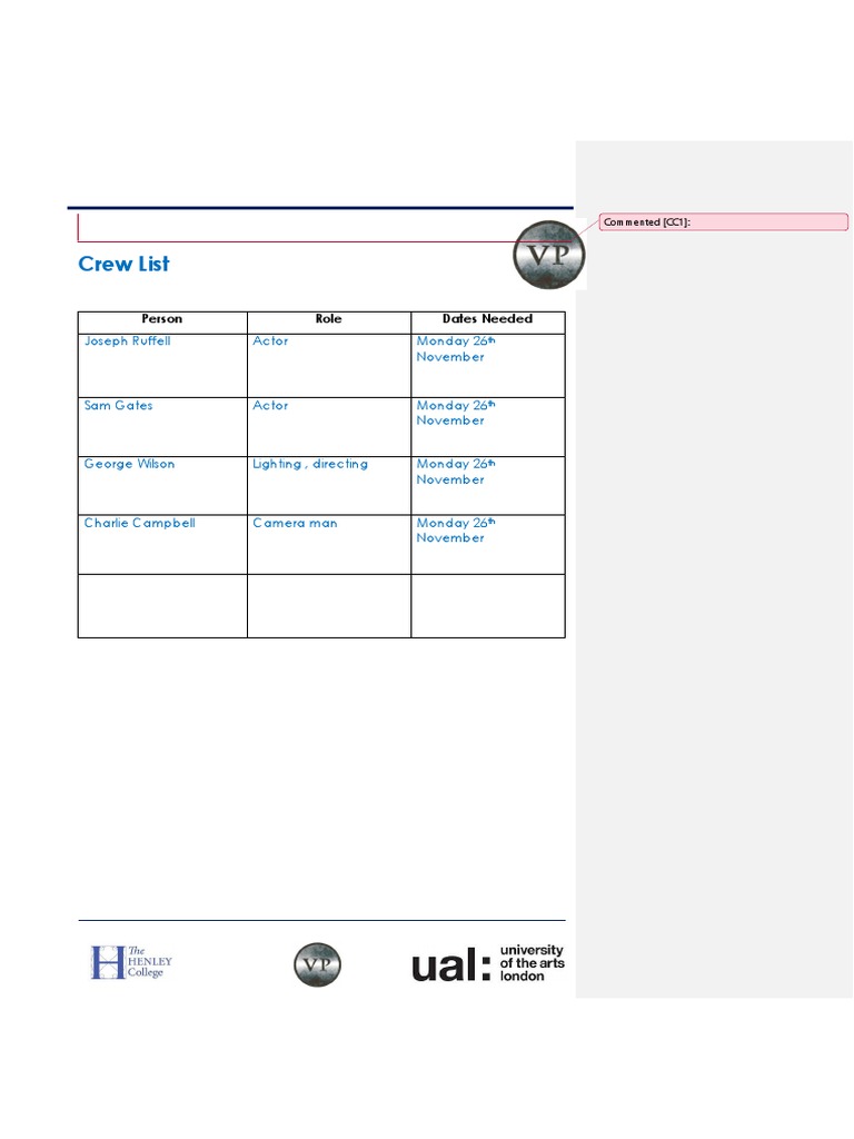 Crew List for November 26 Shoot | PDF