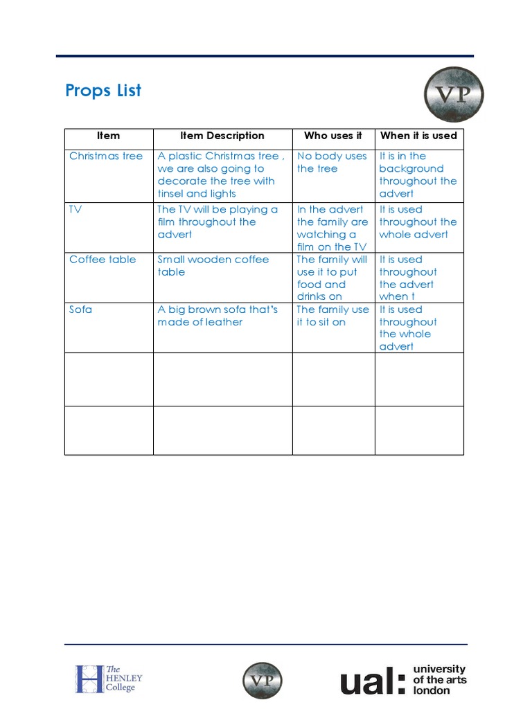 Props List | PDF | Cooking, Food & Wine | Home & Garden