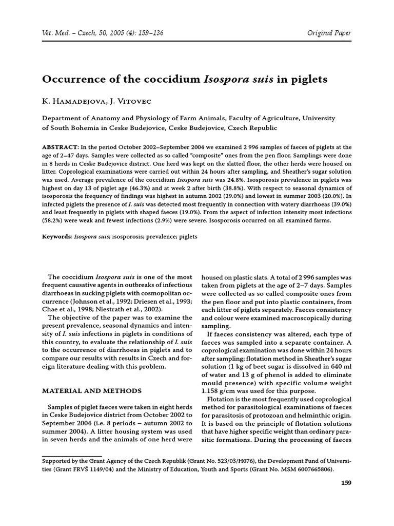 Occurrence of The Coccidium Isospora Suis in Piglets: K. Hamadejova, J ...