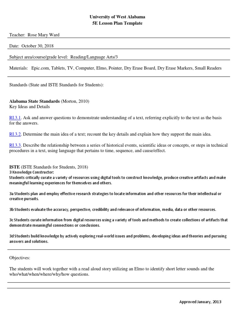 University of West Alabama 5E Lesson Plan Template | PDF | Reading ...