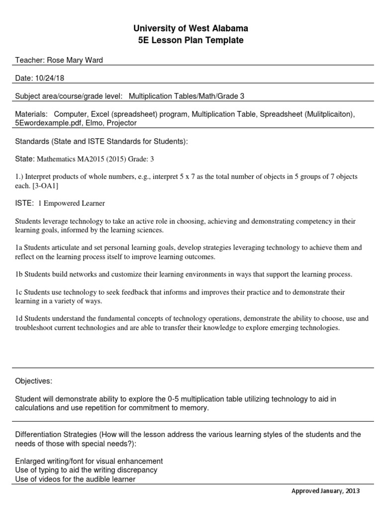 University of West Alabama 5E Lesson Plan Template: Approved January ...
