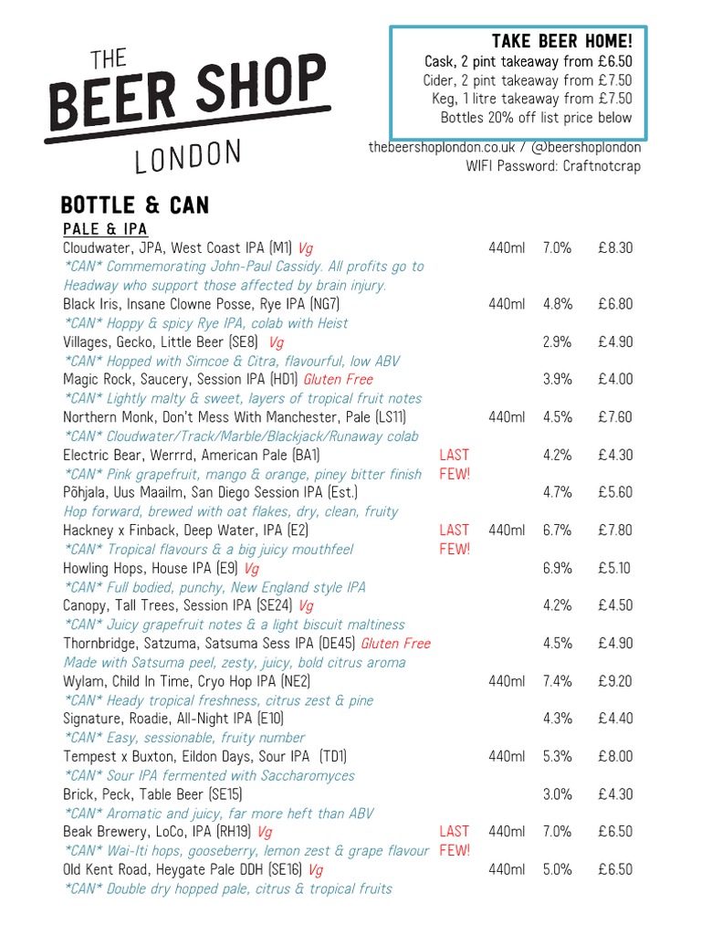Beer Shop Menu 121018 | PDF | Cider | Ale