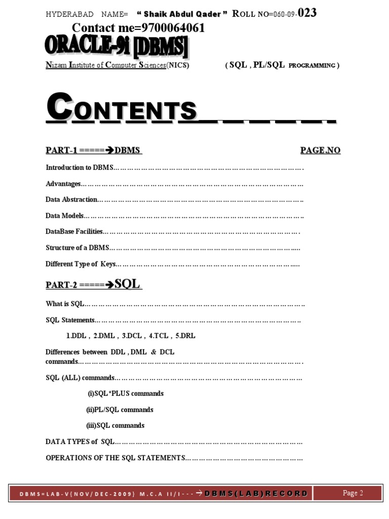 AbdulQader MCA Dbms LAB Record | PDF | Databases | Sql