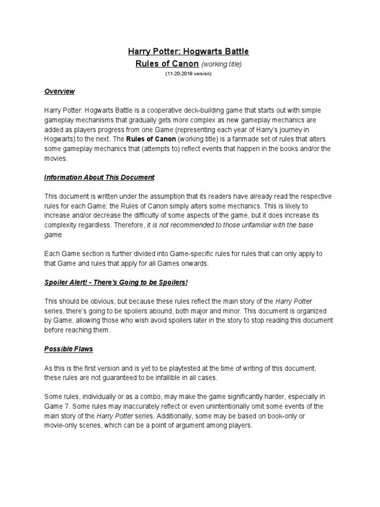 HP Hogwarts Battle Rules of Canon 11-20-2018 | PDF | Harry Potter ...