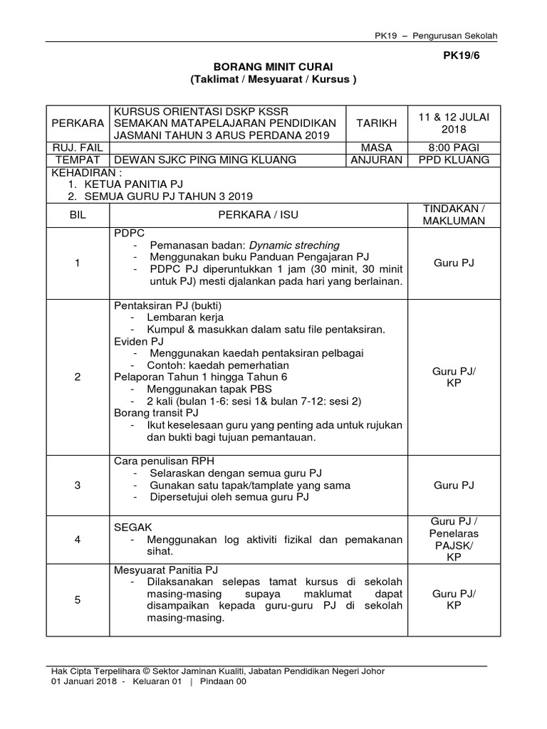 Minit Curai Kursus PJ DSKP Semakan 2019 | PDF