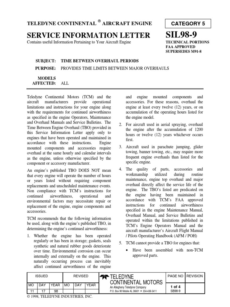 Service Information Letter: Teledyne Continental Aircraft Engine ...