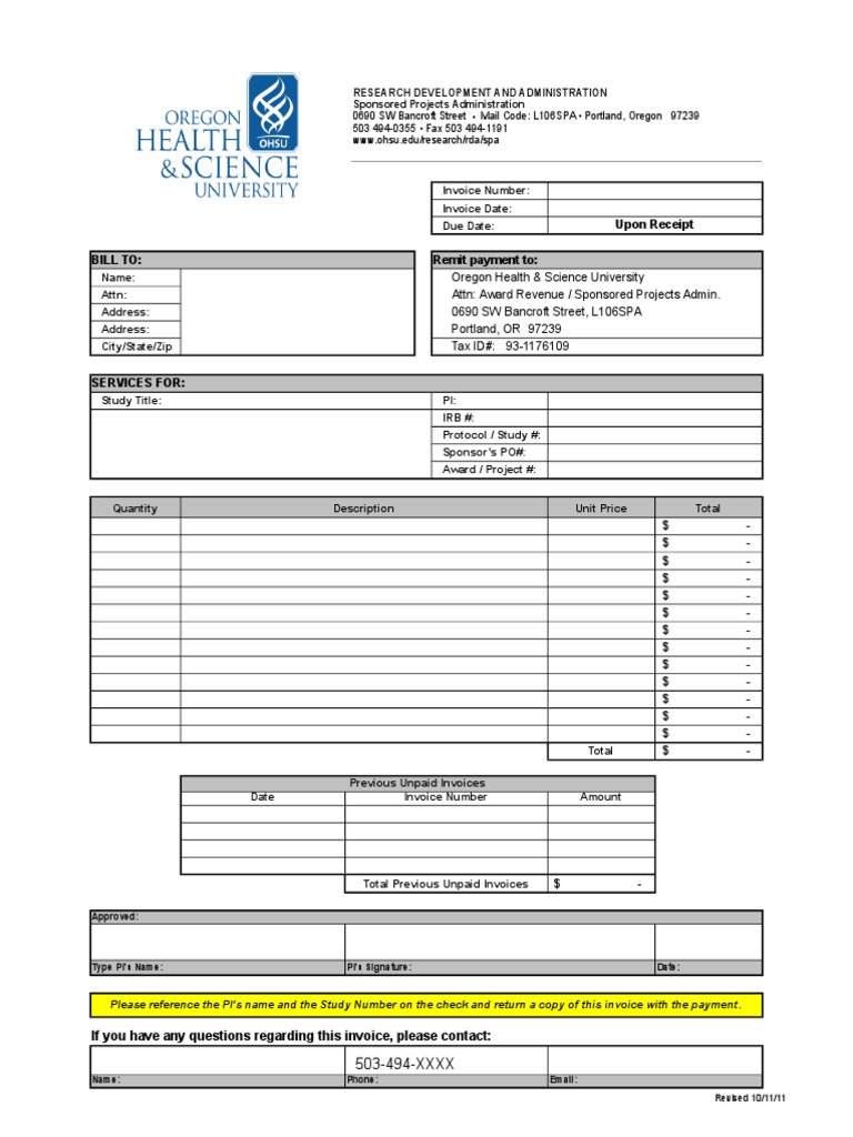 Upon Receipt Bill To: Remit Payment To | PDF | Receipt | Clinical Trial