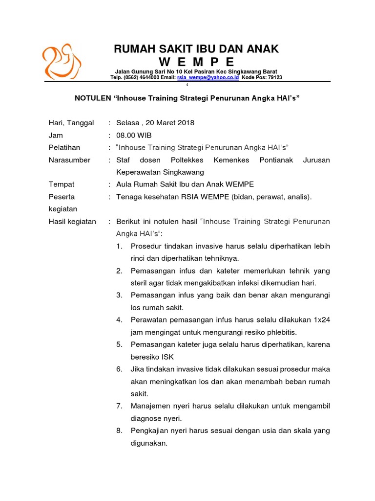 Notulen Inhouse Training RSIA Wempe | PDF