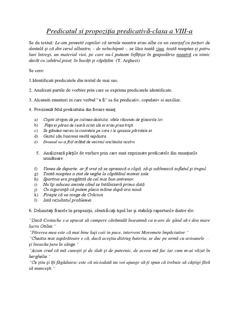 Predicat, Predicativa Avansat - Fisa de Lucru