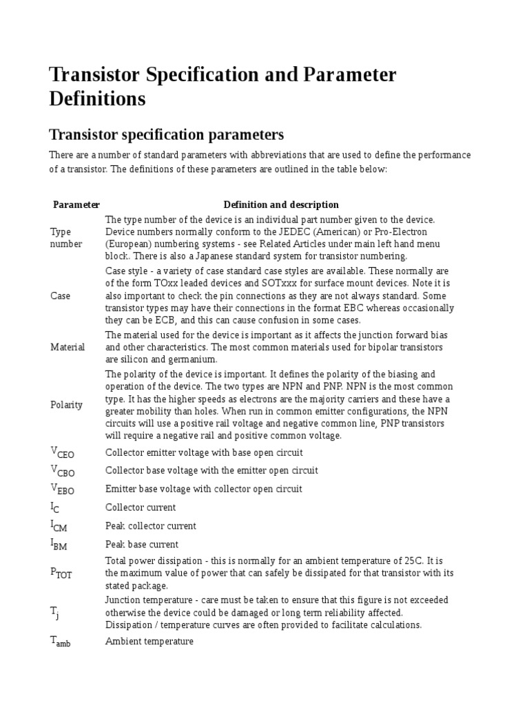 Transistor Specification and Parameter Definitions | PDF | Bipolar Junction Transistor | Field ...