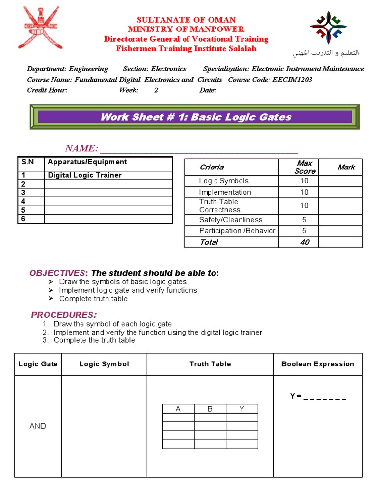 Work Sheet 1 Basic Logic Gates | PDF | Logic Gate | Electronic Design