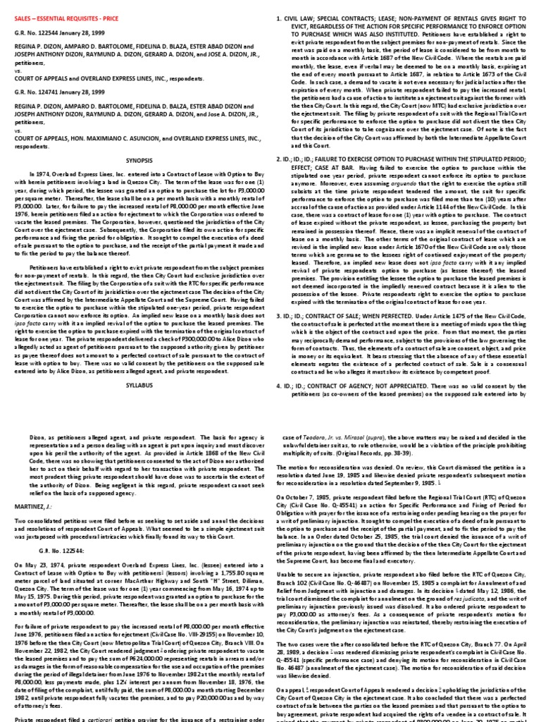 Lease Dispute: Ejectment and Option to Buy | PDF | Lease | Eviction