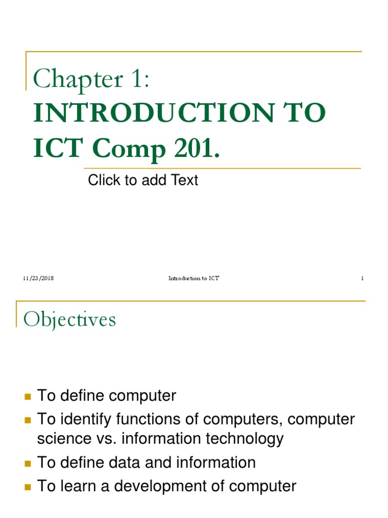 Introduction To ICT Comp 201.: Click To Add Text | PDF | Information Technology | Personal Computers
