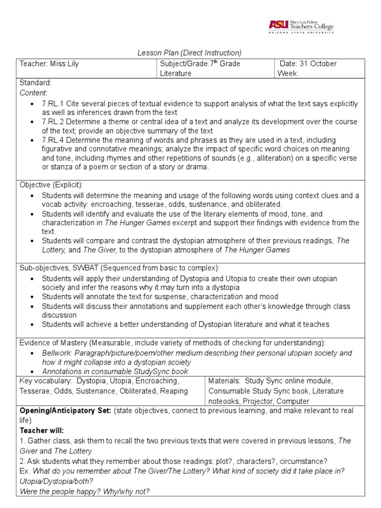 Direct Instruction The Hunger Games | PDF | Dystopia | Utopian And ...