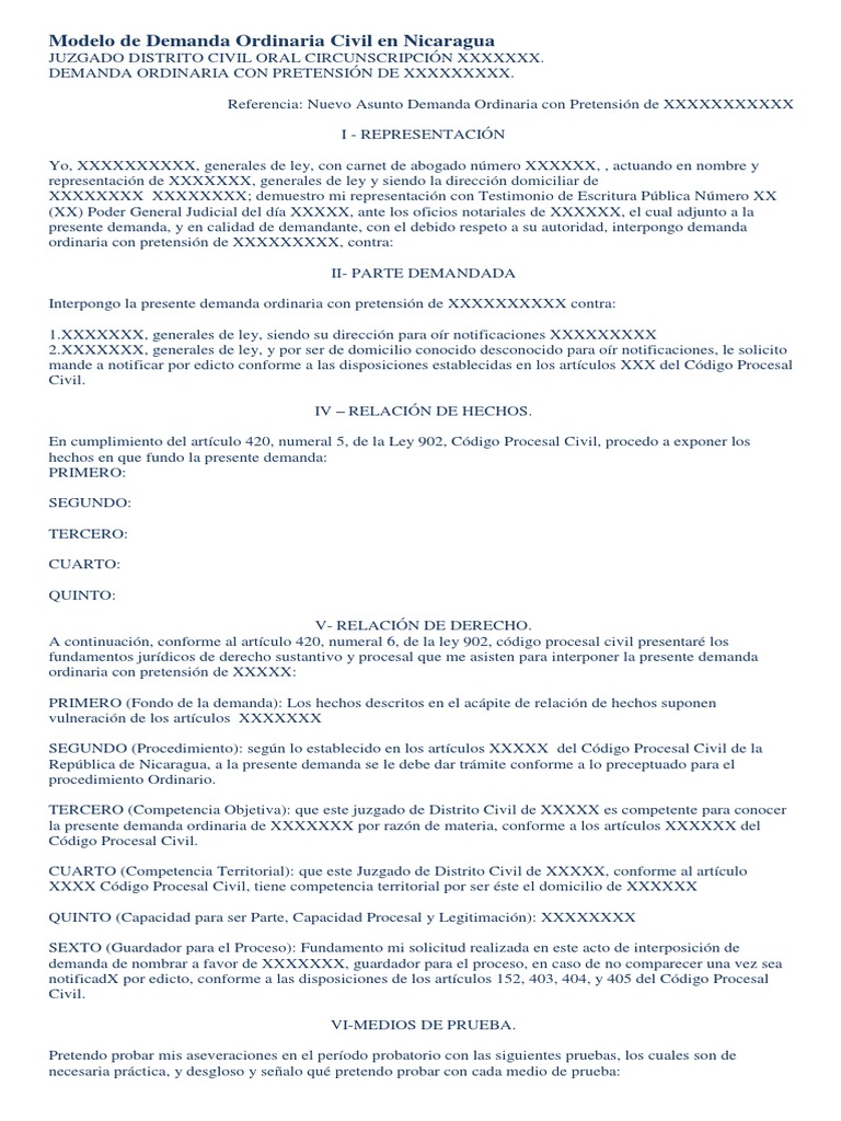 Modelo de Demanda Ordinaria Civil en Nicaragua | PDF | Demanda judicial ...