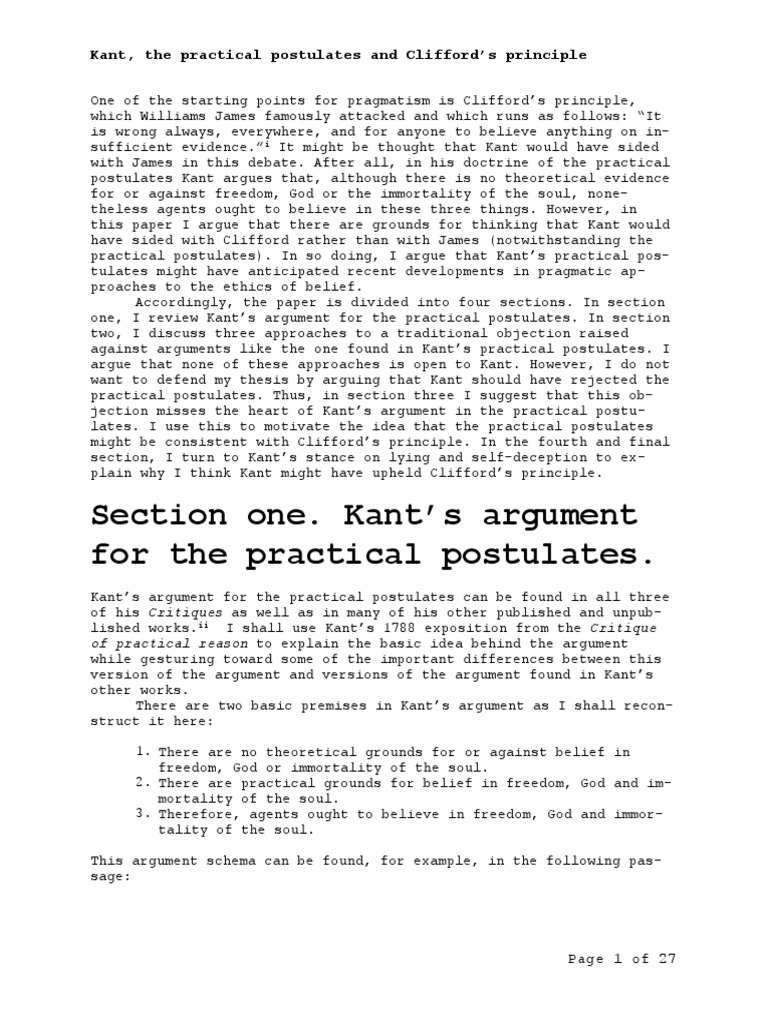 Section One. Kant's Argument For The Practical Postulates | PDF ...
