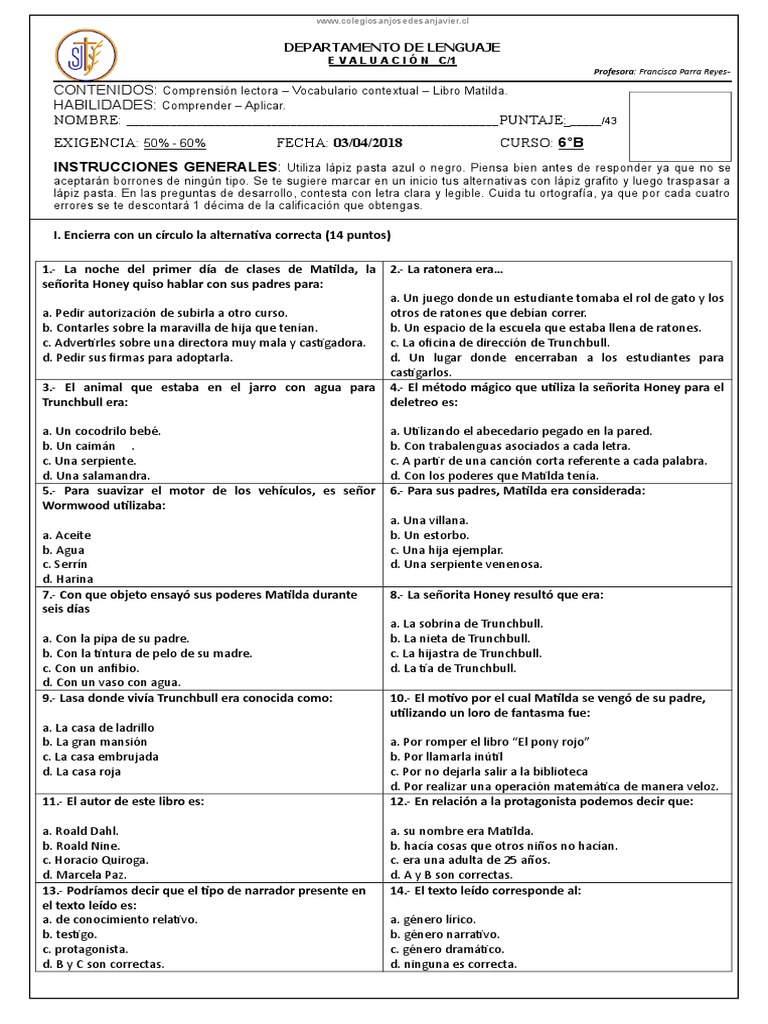 Prueba Del Libro Matilda | PDF