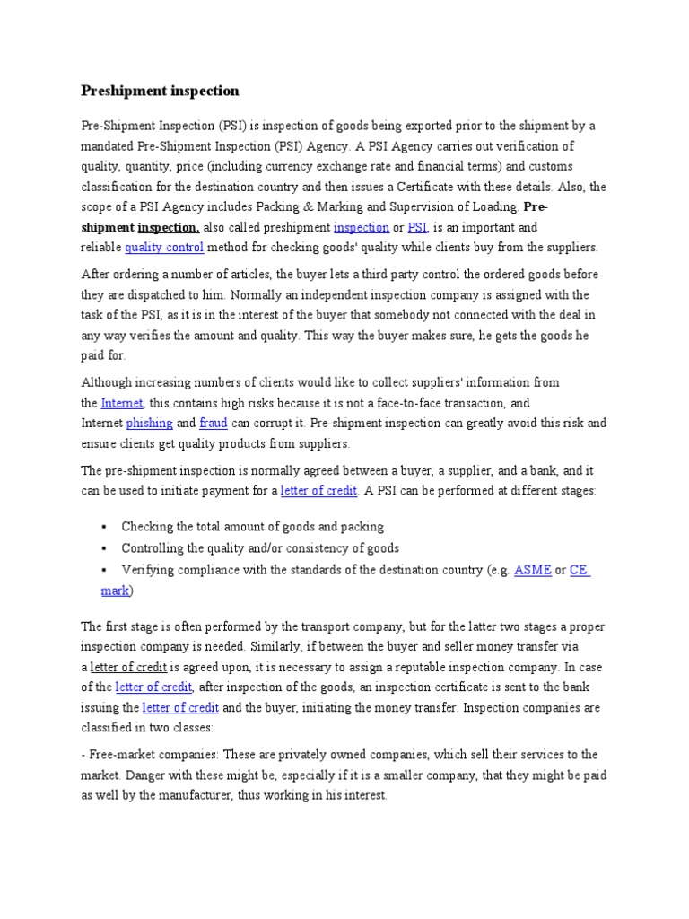 Pre Shipment Inspection | PDF | Washington Consensus | Letter Of Credit