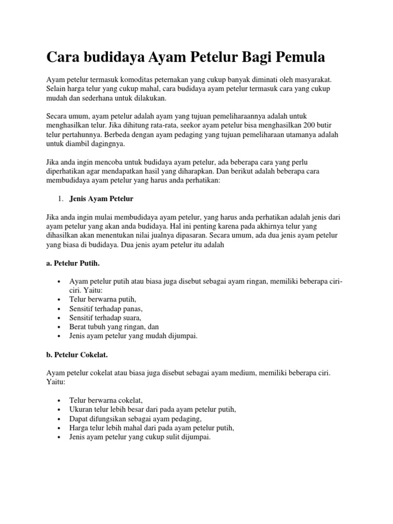 Cara Budidaya Ayam Petelur Bagi Pemula | PDF