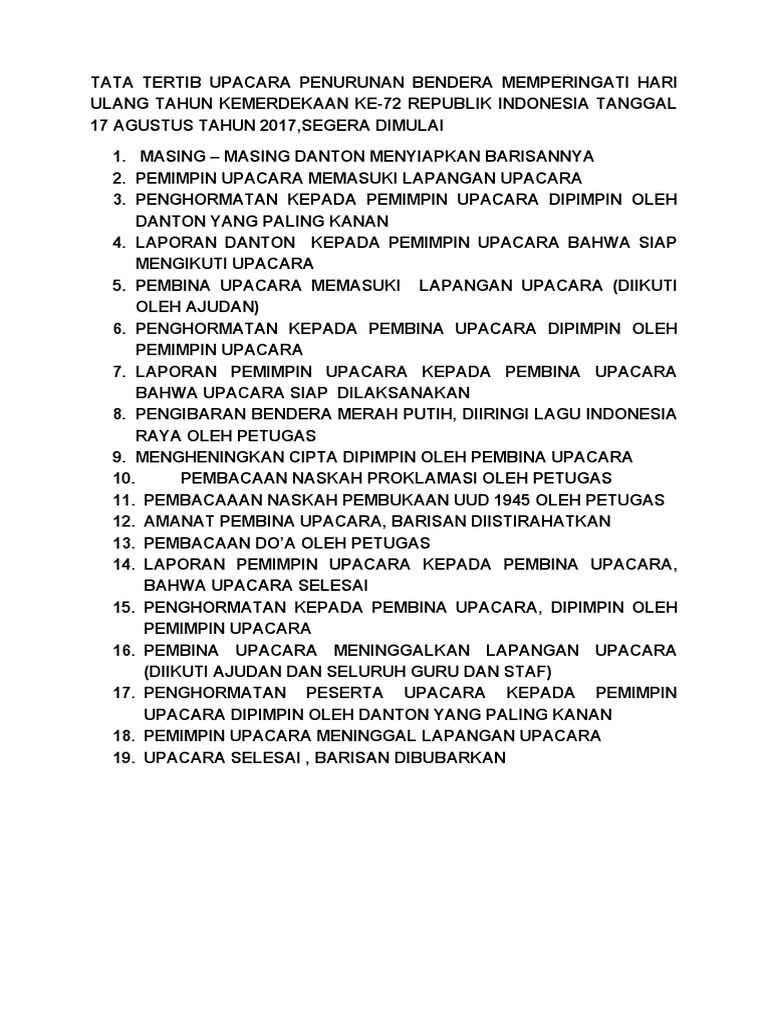 Tata Tertib Upacara Penurunan Bendera Memperingatihari Ulang Tahun Kemerdekaan Ke | PDF