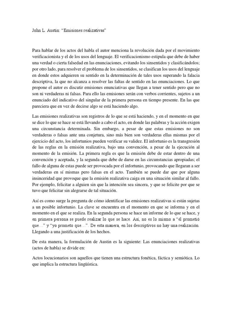 Reseña A John L. Austin "Emisiones Realizativas" | PDF | Verdad ...