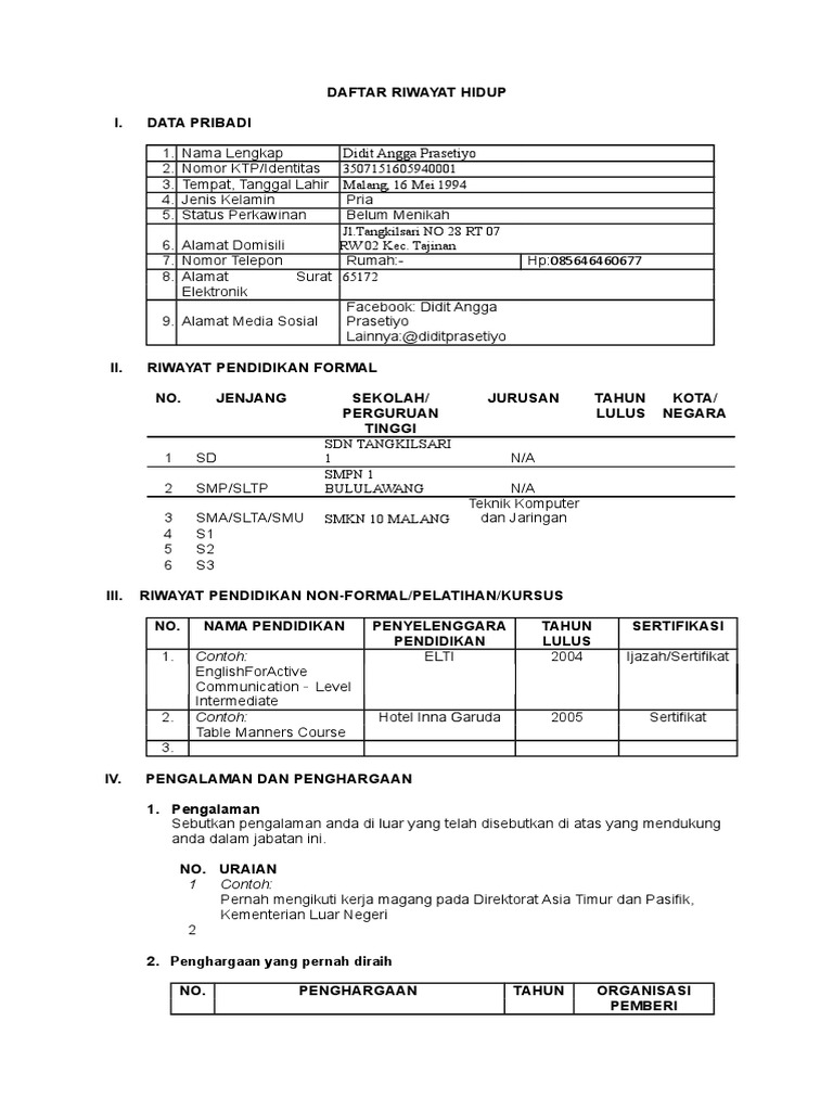 Contoh Format CV Cpns | PDF
