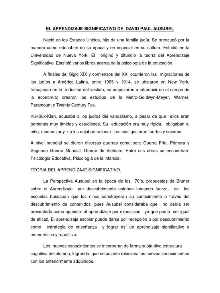 El Aprendizaje Significativo de David Paul Ausubel | PDF | Aprendizaje ...