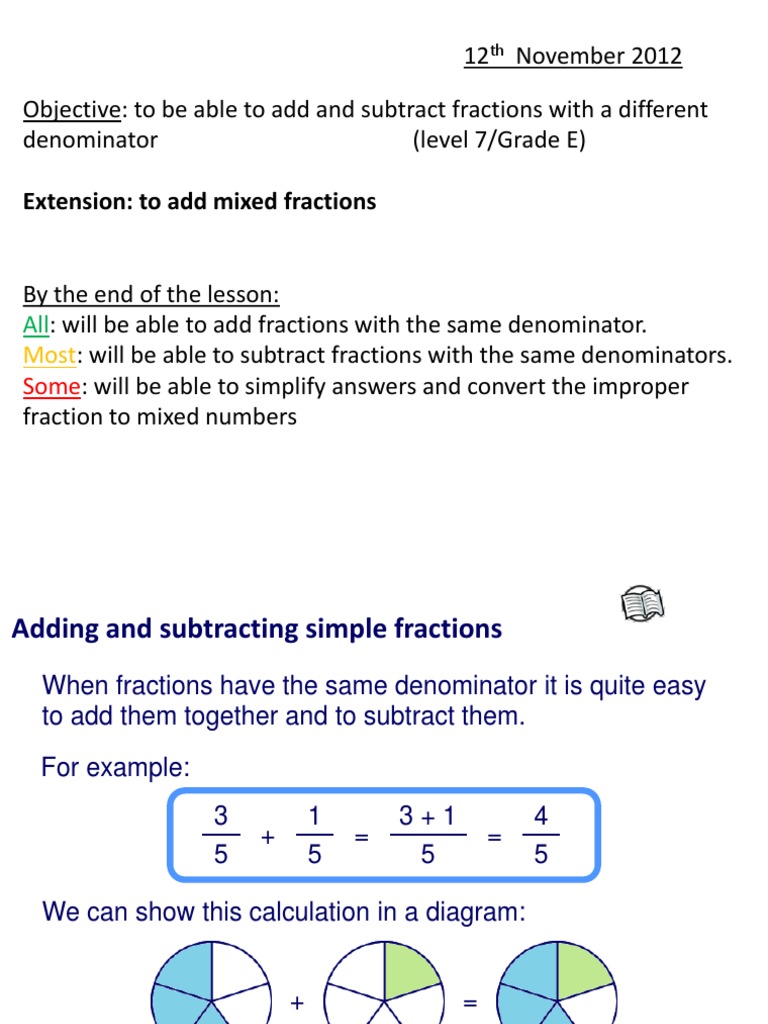 Adding and Subtracting Fractions Different Denominators | PDF ...