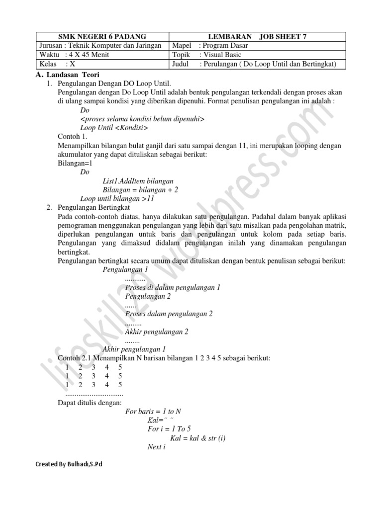 Modul 7 Pemograman Dasar Vb6 (Perulangan (Do Loop Until Dan Bertingkat) ) | PDF