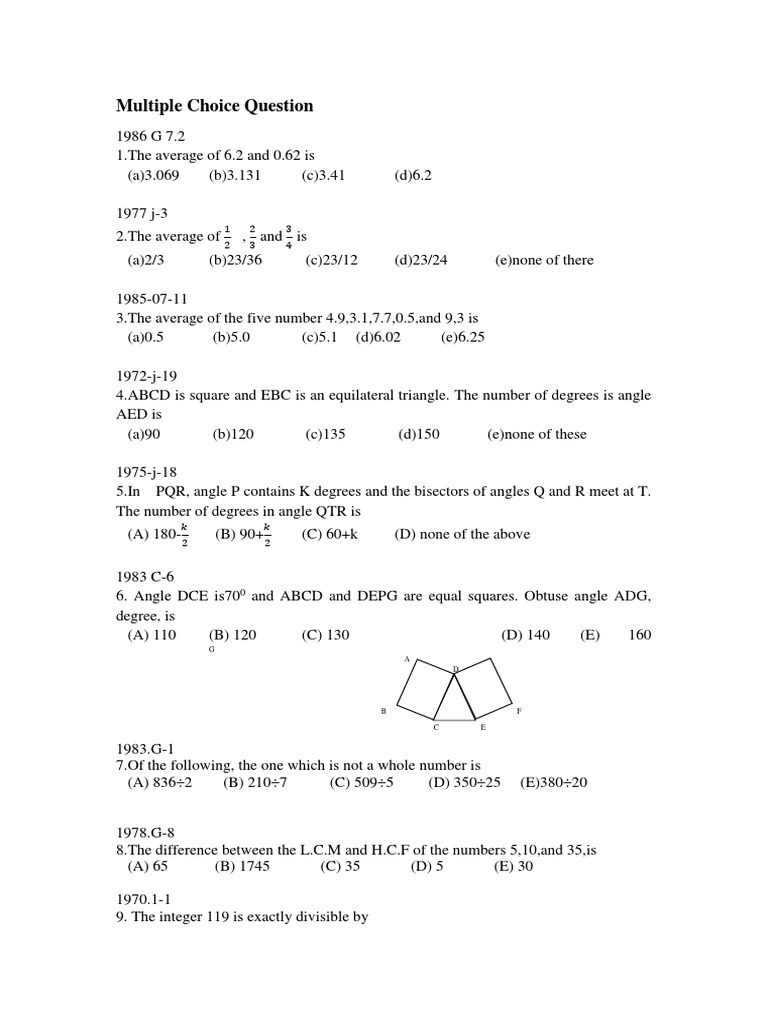 Multiple Choice Questions on Mathematics Averages, Angles, and Number ...