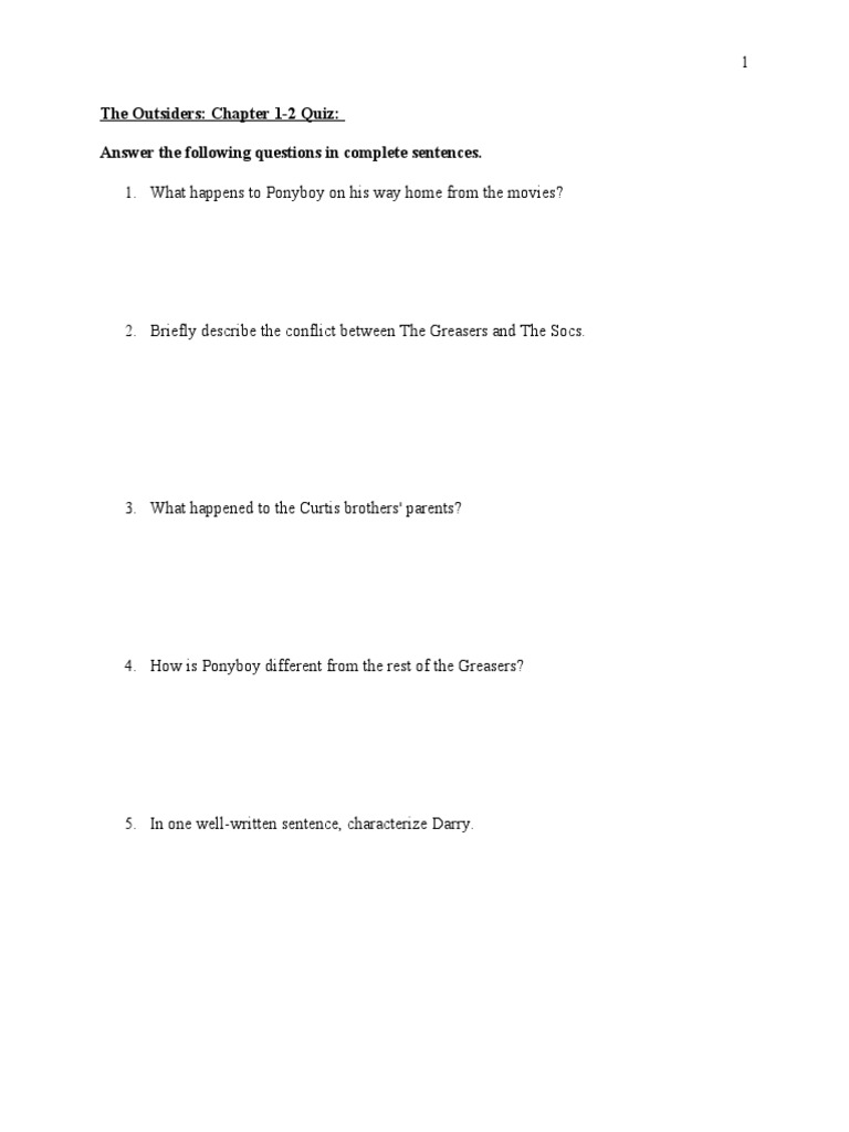 The Outsiders: Chapter 1-2 Quiz: Answer The Following Questions in ...