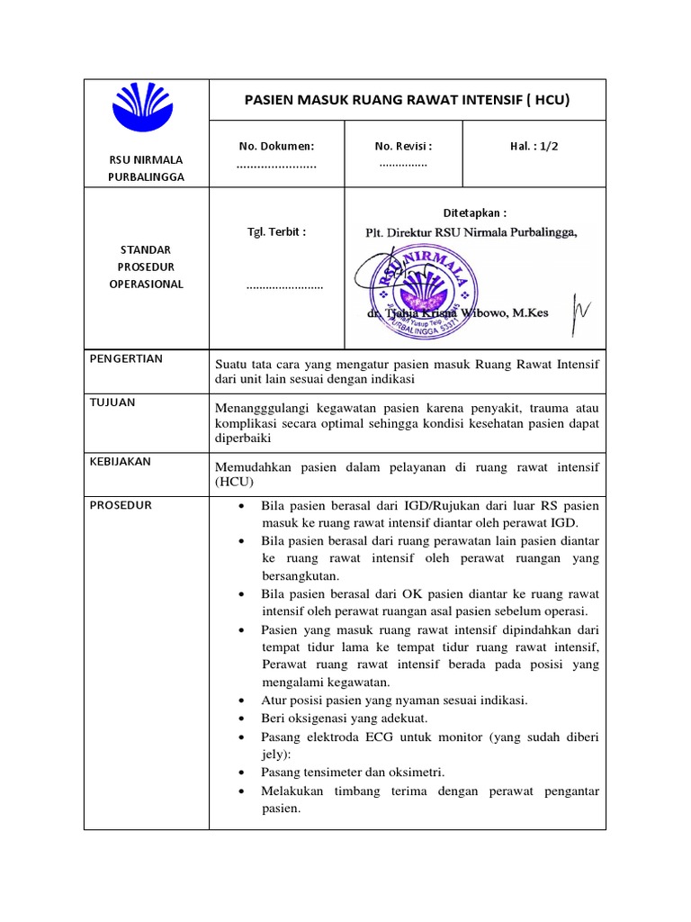Spo Pasien Masuk Ruang Rawat Intensif (Hcu) | PDF